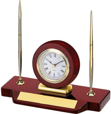 Rosewood Double Pen/Clock Deskset | Dinn Trophy