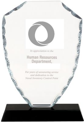 Shield-Shaped Clear Glass Award with Black Acrylic Base | Dinn Trophy